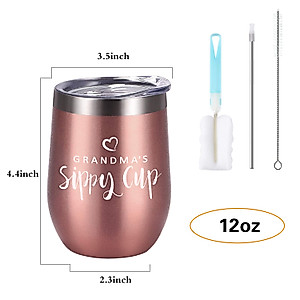 GINGPROUS Grandma's Sippy Cup Wine Tumbler with Lid, Grandma Gifts for Women Mother's Day Birthday, Insulated Stainless Steel Wine Tumbler with Straw and Cleaning Brush (12Oz, Rose Gold)