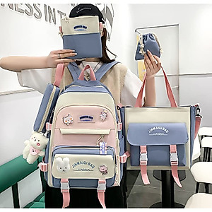 DAHUOJI Kawaii Backpack Set 5pcs Aesthetic Backpack for School Teens Girls Daypack Large with Pendants and Pins, Pen Case, Tote Bag, Small Bag(Blue)