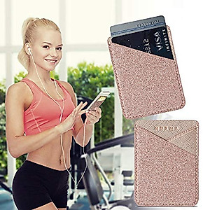 Phone Card Holder Cell Phone Stick On Phone Glitter PU Leather Sleeve Credit for iPhone Samsung Most Smartphones (Rose/Gold)