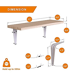 JAWU Set of 2 Pine Wood Floating Shelves - Decorative Hanging Farmhouse Rustic Shelves for Wall, Home, Kitchen, Bathroom, Bedroom - Wooden Shelf with L-Brackets, Screws, Plastic Plugs - 17x5.5x0.6