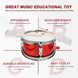 Generic Kid Hand Drum 11 Inch Marching Snare Drum Set Children Snare Drum Performance Drum with Adjustable Strap Wooden DrumSticks Gloves, Bright Red Wood Drum Toy Set