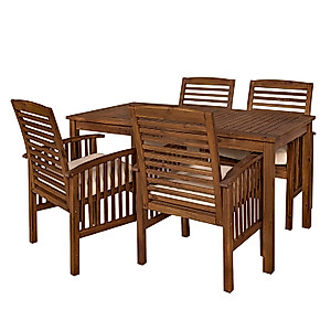 Walker Edison Rendezvous Modern 5 Piece Solid Acacia Wood Outdoor Dining Set, Set of 5, Dark Brown