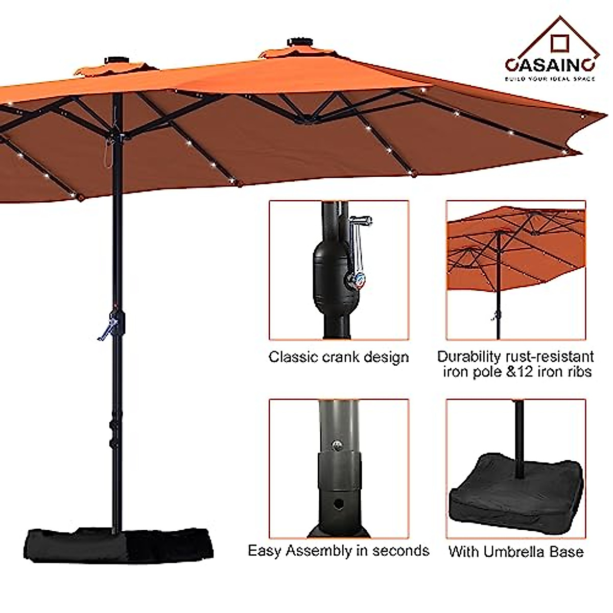 CASAINC 15 FT Solar LED Patio Umbrella with Base Double-Sided Extra Large Outdoor Umbrella Market Rectangular Twin Umbrella w/Crank for Garden Deck Lawn Pool Backyard-Orange (with Lights)