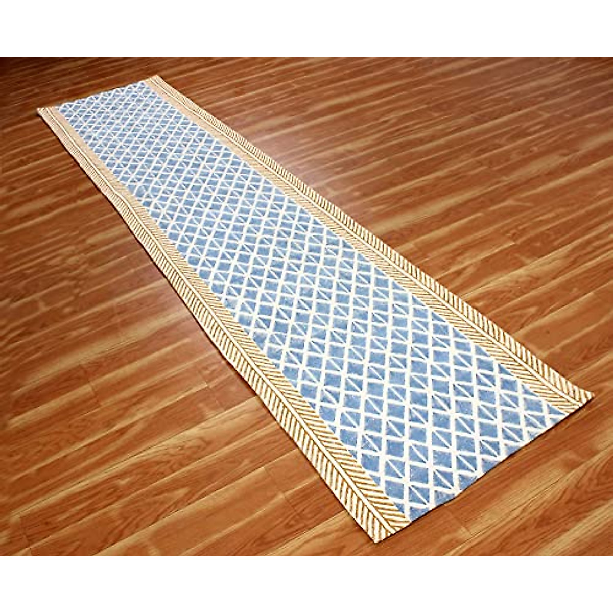 Casavani Indian Handmade Cotton Dhurrie Striped Blue & Brown Area Rug Boho Kilim Flat Weave Rug Indoor Hall Room Decor Carpet Throw Rugs for Bedroom Living Room Bathroom Balcony 8x10 Feet