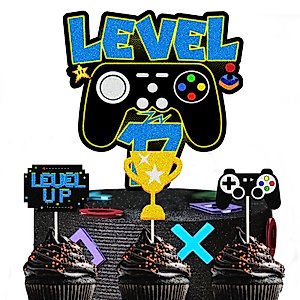 4PCS Level 17 Birthday Cake Toppers - Blue Glitter Video Game 17th Birthday Cake Picks - Boy's Birthday Gaming Theme Cupcake Toppers set - Level Up Winner Party Decoration Supplies