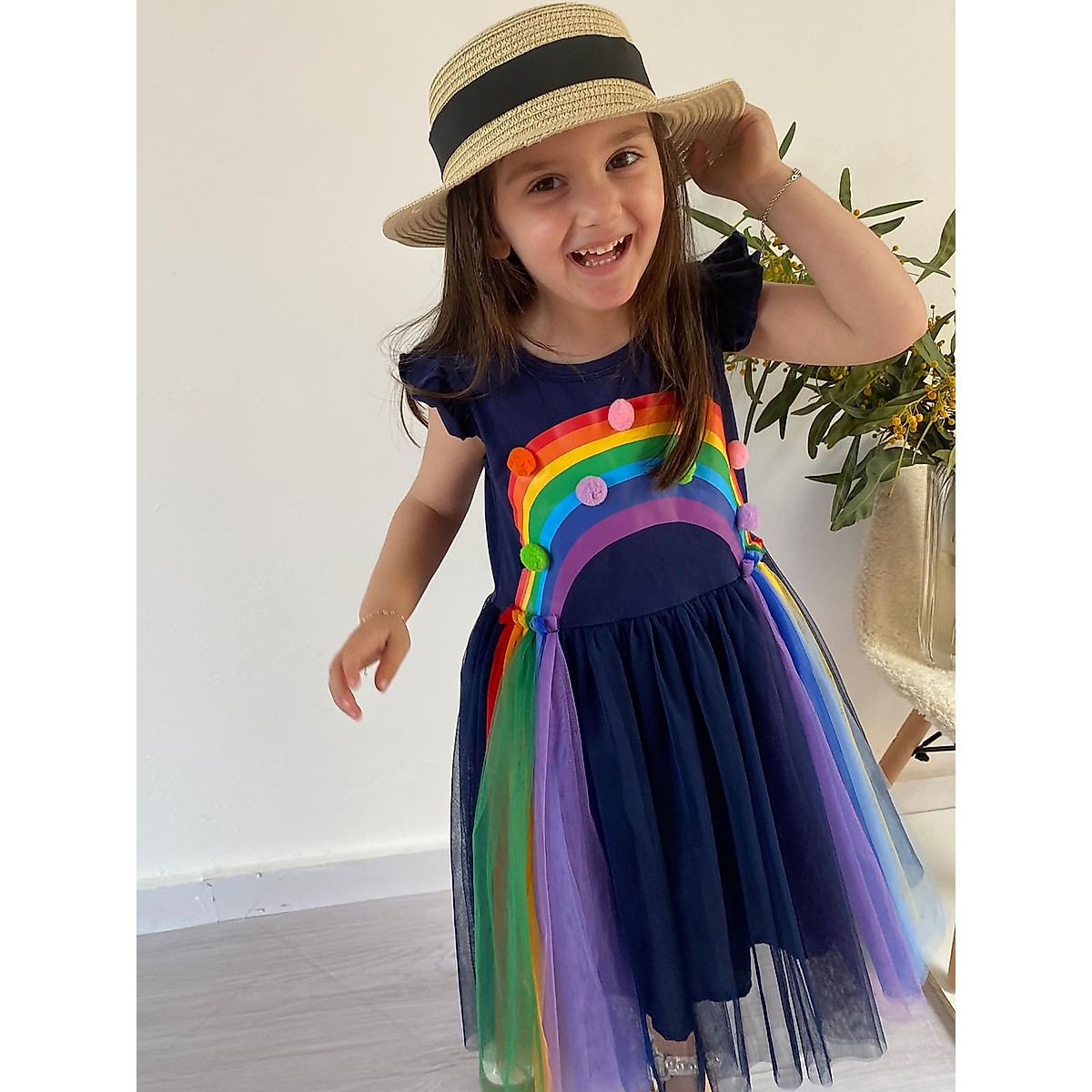 4T Girls Dresses 5T Rainbow Dress Navy Blue Dresses for Girls Flutter Sleeve Holiday Dress Size 5