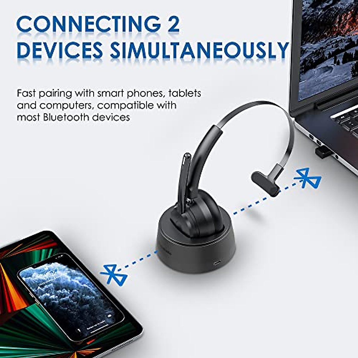Mopchnic Bluetooth Headset, Wireless Headset with Upgraded Microphone AI Noise Canceling, On Ear Bluetooth Headset with USB Dongle for Office Call Center Skype Zoom Meeting Online Class Trucker