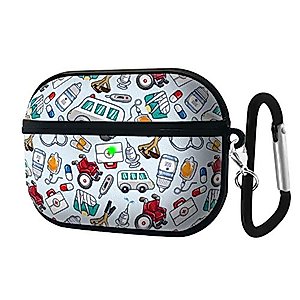Slim Form Fitted Printing Pattern Cover Case with Carabiner Compatible with AirPods Pro 2019 / Medical Doctor Icons Doodle