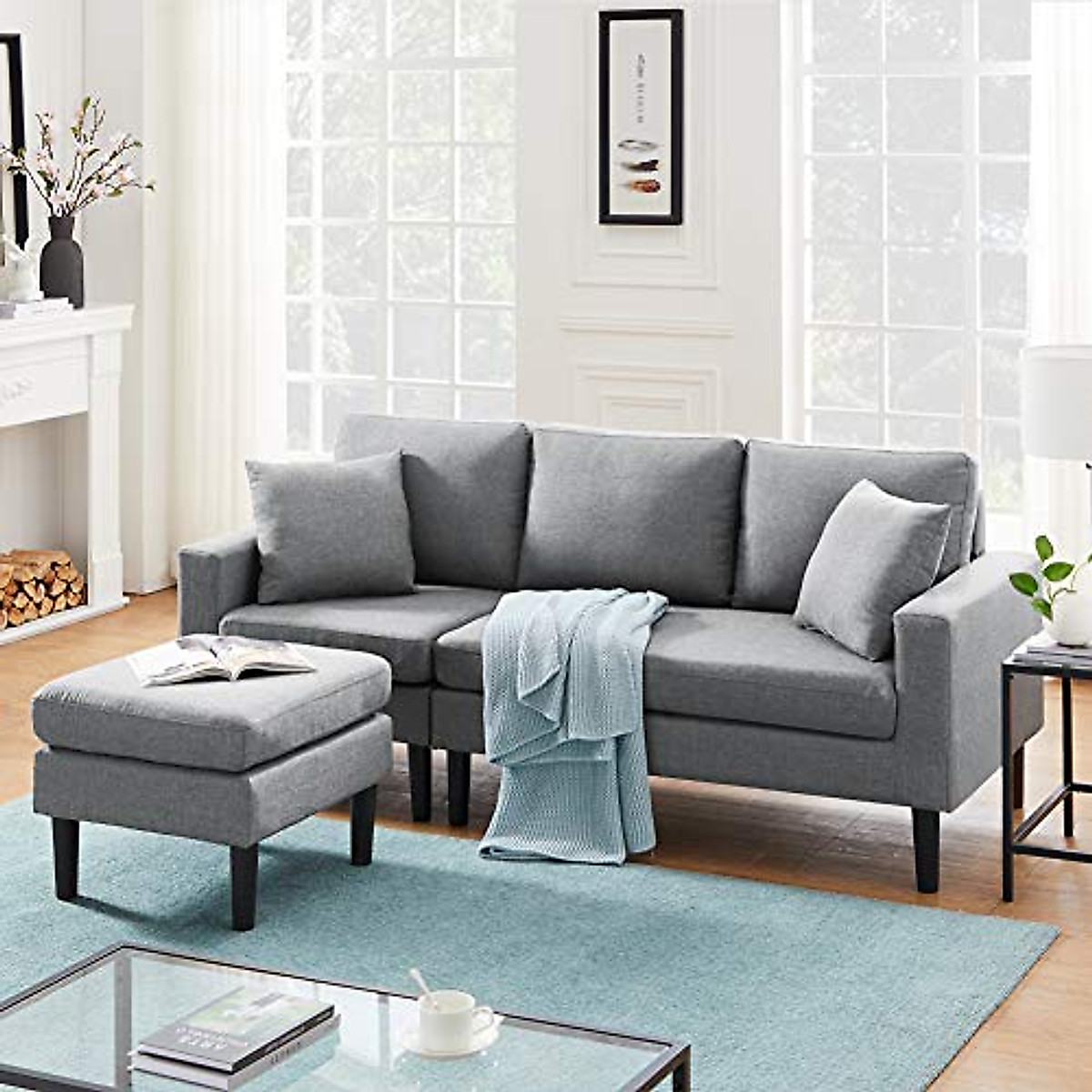 Zushule Convertible Sectional Couch with Chaise Lounge for Living Room, Adjustable Left Hand Facing L-Shaped Reversible Sofa with 4 Seats and Pillows for House Furniture (Light Grey)