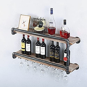TANGGU Industrial Wine Racks Wall Mounted with 7 Stem Glass Holder,2-Tiers Rustic Metal Hanging Wine Holder,36in Wall Mount Bottle Holder,Pipe Shelves Kitchen/Living Room/Home Wood Wine Shelf