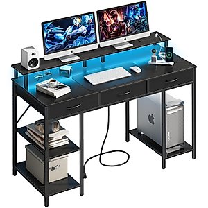 Yoobure Computer Desk with Drawers, Office Desk with LED Lights & Outlets, Small Desk with Storage Shelves, Gaming Desk 48" Home Office Desks with Monitor Stand, Writing Desk for Bedroom Small Spaces