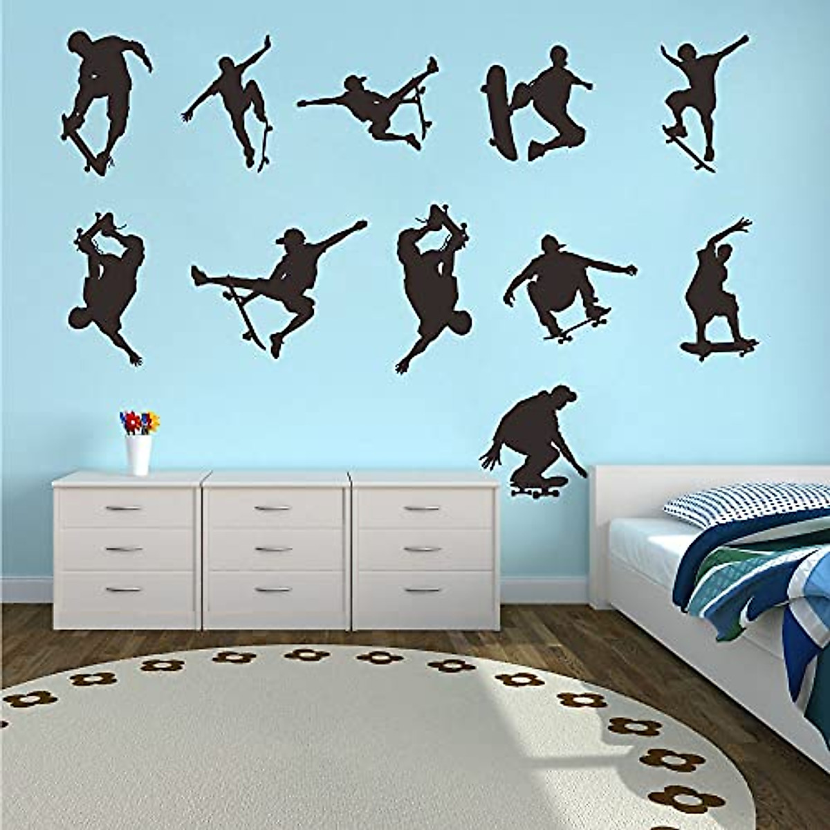 ANFRJJI Skateboard Wall Sticker - 11 Different Skaters Silhouettes in Extreme Actions - Removable PVC Vinyl Decals for Sports Youth Room and Bedroom - Skating Wall Art Mural JWH131 (Black)