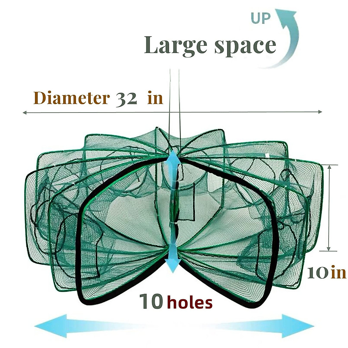 DAMIDEL 32in x 10in Folded Fishing Bait Trap, 10 Holes 10 Sides Foldable Fishing Nets for Fish/Crab/Shrimp/Crawdad, Upgrade Large Space,Bait Bag/Bait Box/Rope/Storage Bag