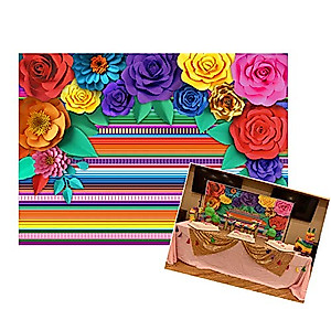Mexican Theme Party Striped Backdrop Fiesta Cinco De Mayo Paper Flowers Background Party Decoration for Cake Table Decor Photo Booth 10X8FT 071