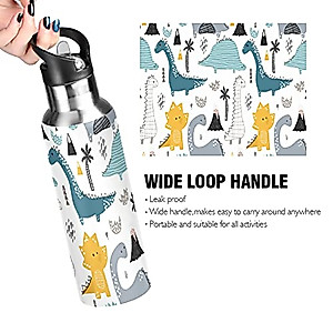 OREZI Dino Scandinavian Style Water Bottle Thermos with Straw Lid for Boys Girls,600 ml,Leakproof Stainless-Steel Sports Bottle for Women Men Teenage