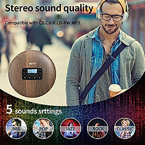 HOTT CD611 Portable CD Player for Home Travel and Car with Stereo Headphones, Anti-Shock ,Wood Grain