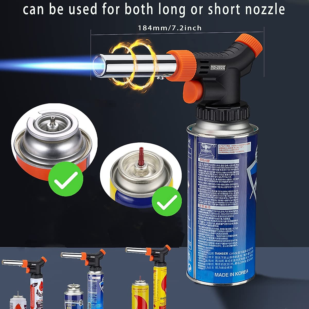 Butane Torch Kitchen Blow Lighter - Culinary Torches Chef Cooking Professional Adjustable Flame Shape Strength with Reverse Use for Creme, Brulee, BBQ, Baking, (Butane Fuel Not Included)