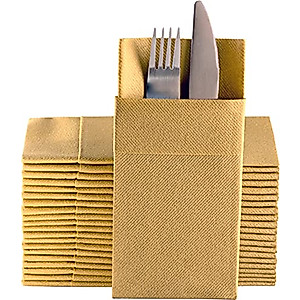 Gold Dinner Napkins Cloth Like with Built-in Flatware Pocket, Linen-Feel Absorbent Disposable Paper Hand Napkins for Kitchen, Bathroom, Parties, Weddings, Dinners or Events, Pack of 50