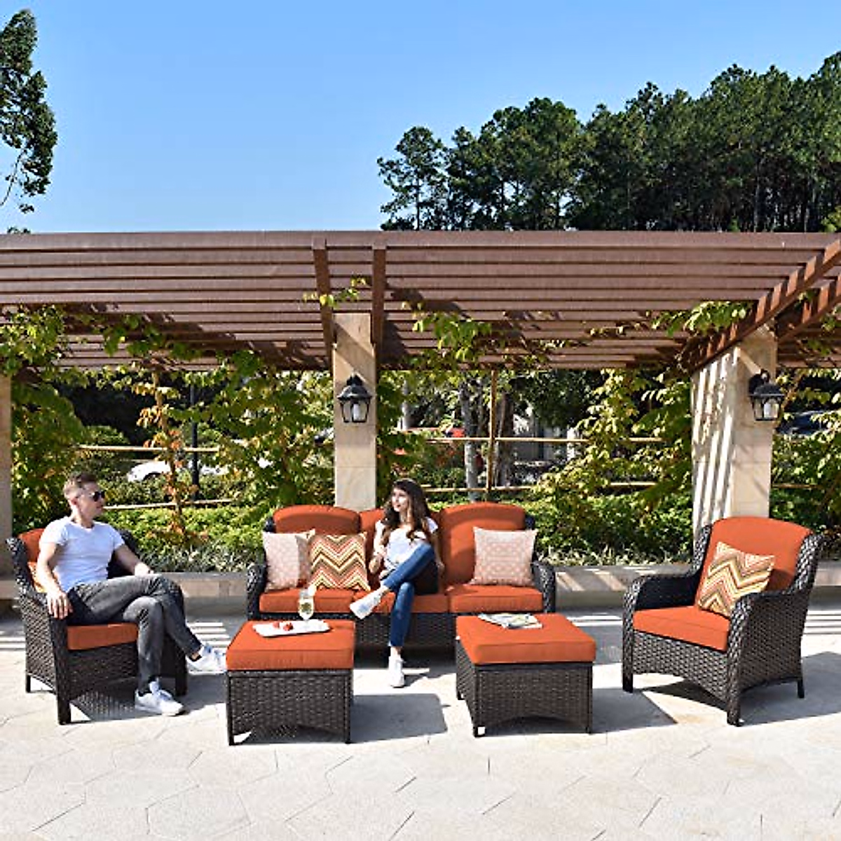 XIZZI Patio Furniture Sets with High Back Sofa,5 Pieces Outdoor Furniture Conversation Set,All Weather Wicker Outside Couch with Chairs and Ottomans,Brown Wicker Orange Red
