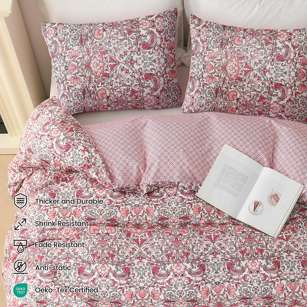 Rosecret King Size Duvet Cover,Viscose derived from Bamboo,Cooling for Hot Sleepers,Red Floral Solid Reversible,1 Duvet Cover 2 Pillowcases with Corner Ties,Button Closure