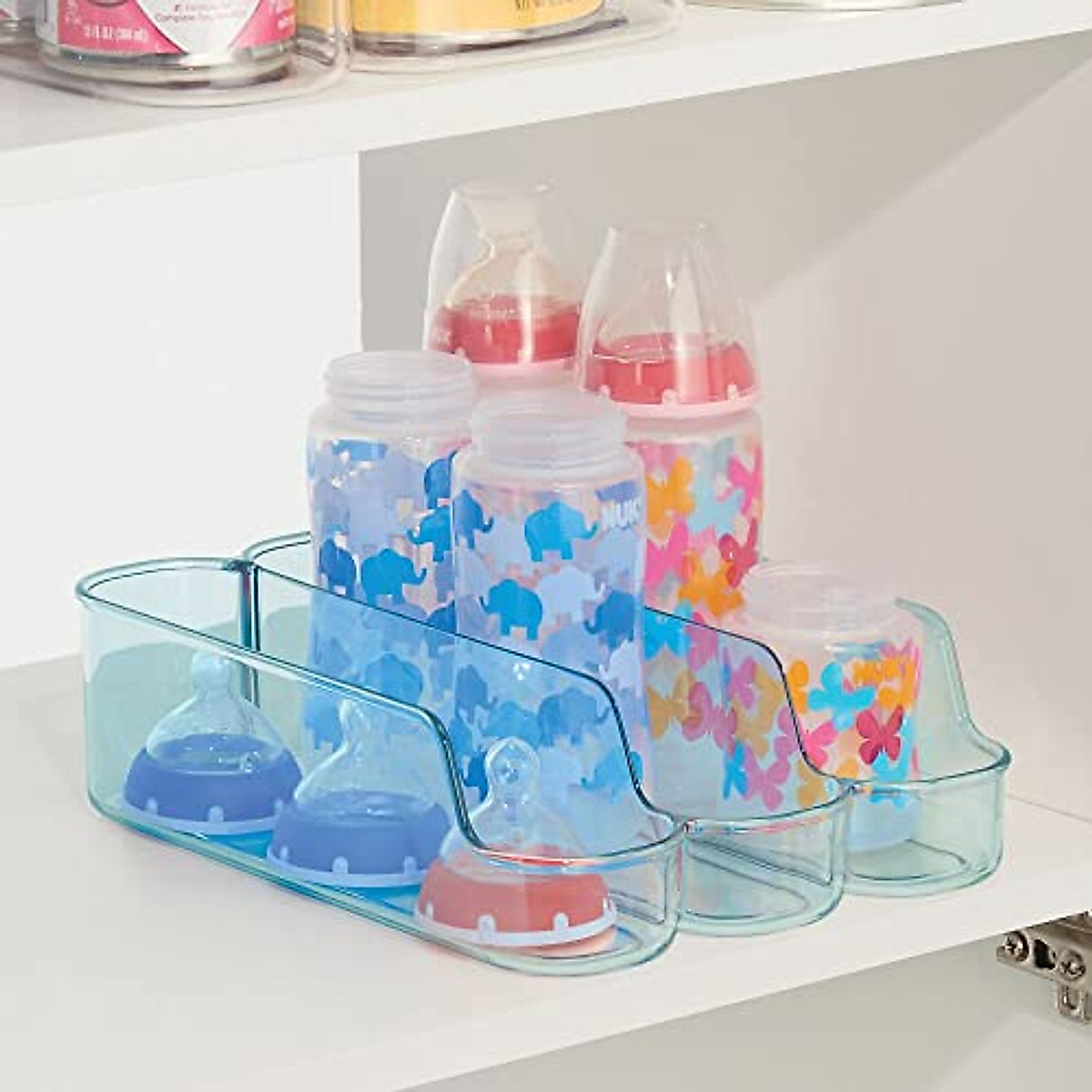 mDesign Plastic Kitchen Storage Divided Bin for Child/Kids Supplies - 3 Compartments to Organize Baby Food Jars, Pouches, Bottles, Sippy Cups, Cans, Pacifiers, Shampoo - 4 Pack - Blue Tint