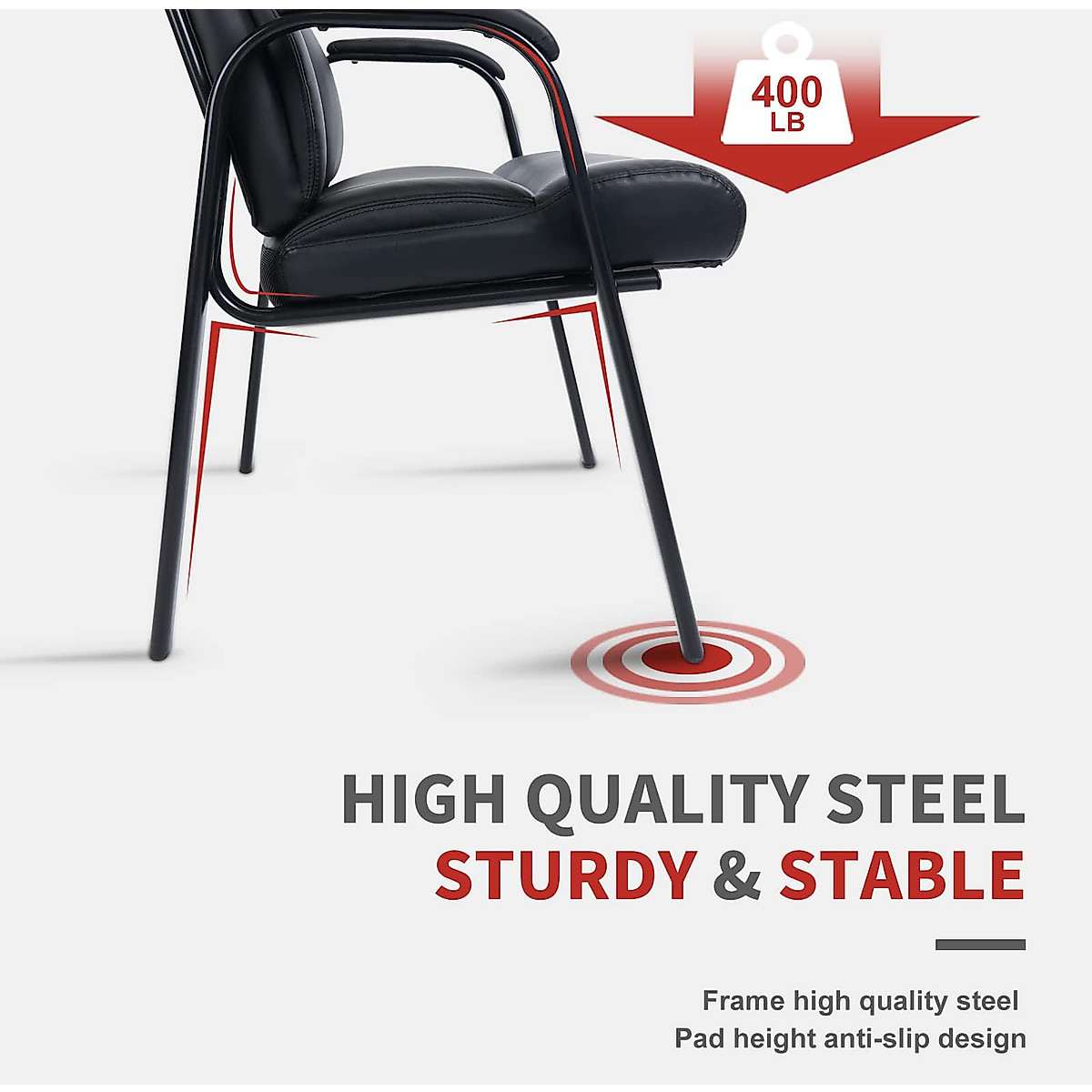 CLATINA Big and Tall Office Chair 400lbs Leather Reception Chair with Bonded Padded Armrest Wide Seat Desk Chair No Wheels for Reception Conference Waiting Room Side Office Home Black