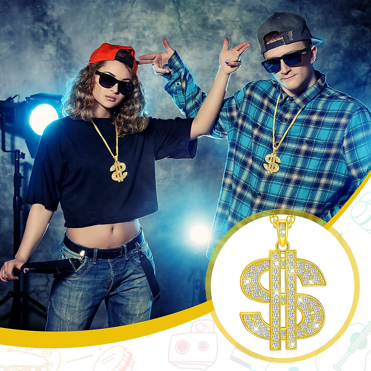 Tatuo 2 Pieces Plated Chain for Men with Dollar Sign Pendant Necklace, Hip Hop Dollar Necklace (Gold,Trendy Style)