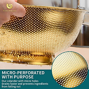 Snailhouse Colander, 3 Quart Stainless Steel Pasta Rice Food Metal Strainer with Handles and Self-draining Base for Kitchen, Gold