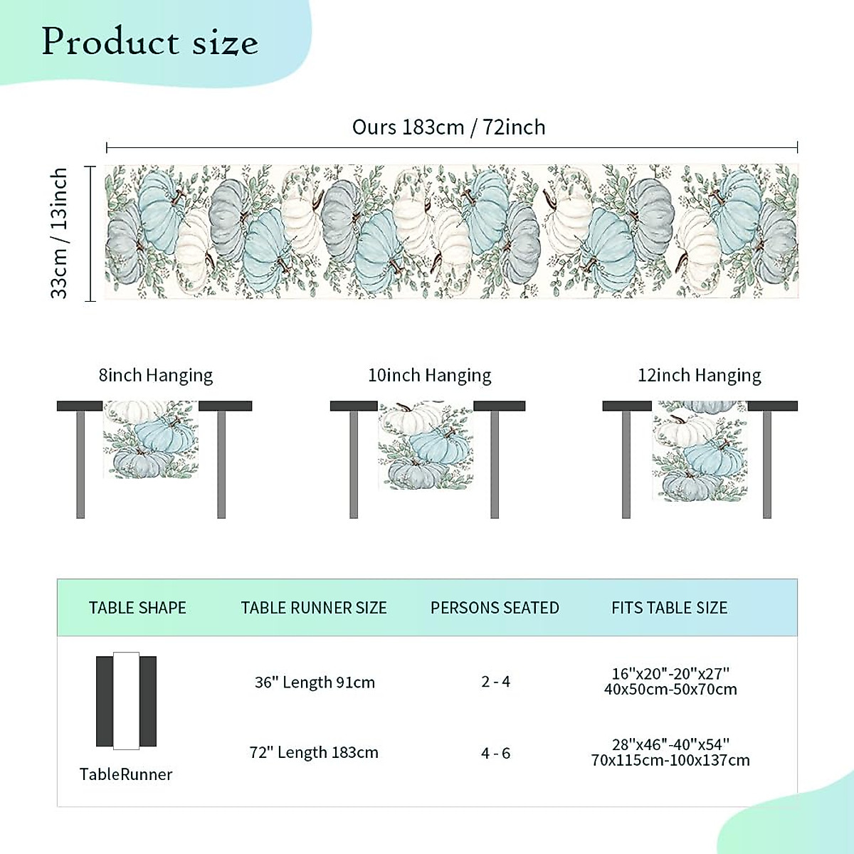 Fall Table Runner Blue Pumpkin Table Runner Thanksgiving Table Runner Pumpkins Eucalyptus Leaves Autumn Table Runner 13x72 Inch Blue Fall Decorations for Home Holiday Kitchen Dining Table Decorations