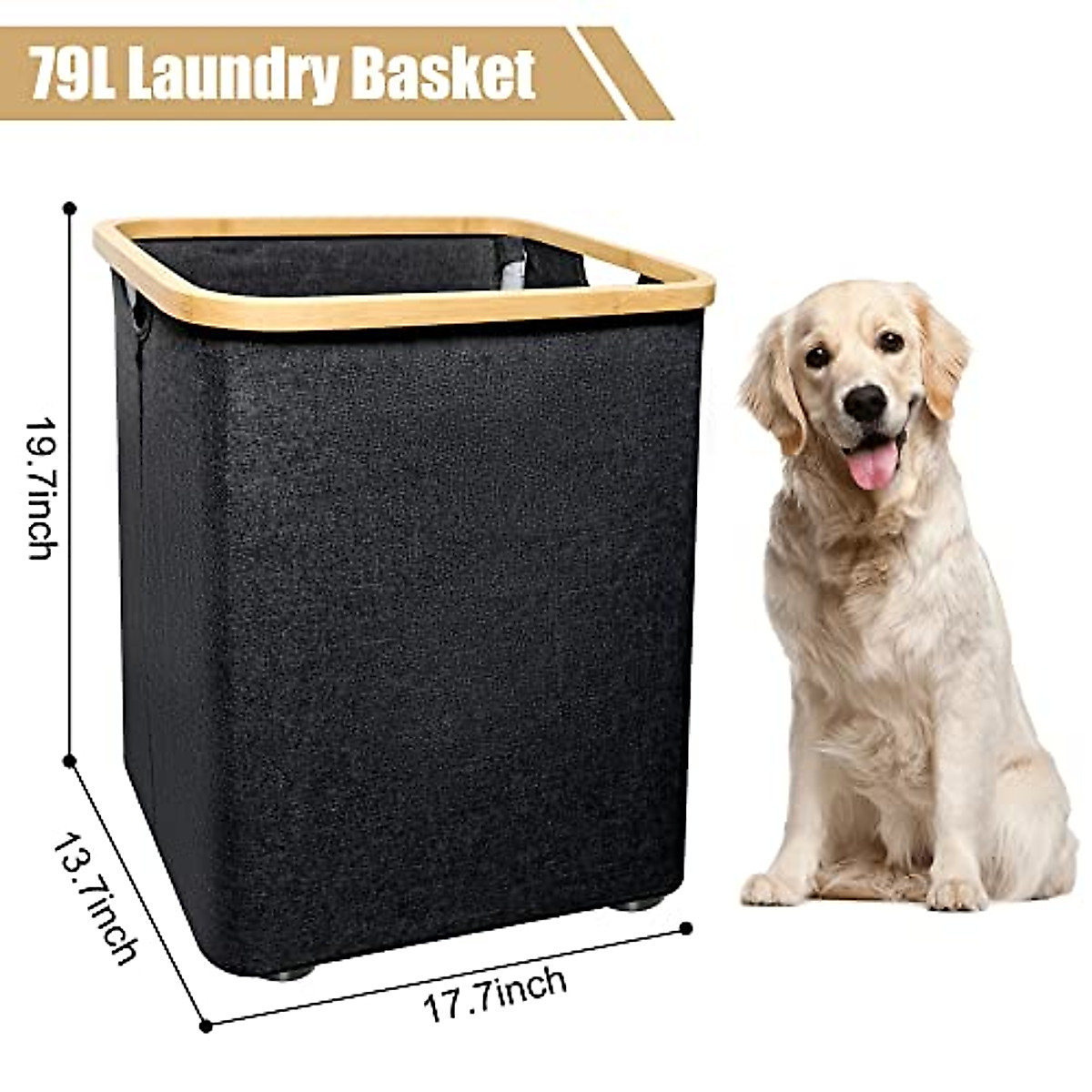 Black Laundry Basket with Wheels - 79L Laundry Hamper with Removable Laundry Bag, Foldable Easy Carry Handles Dirty Clothes Hamper for Laundry Room, Bedroom, Toys Storage Organizer