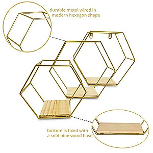 Wall Mounted Floating Hexagon Shelves, Metal Framed Gold Shelves with Wood Based in Modern Chic Style, for Wall Storage & Display in Living Room Or Bedroom, Set of 3 Size (Large, Medium & Small)
