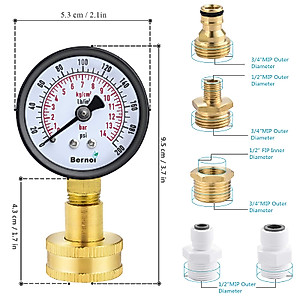 Water Pressure Gauge Kit,Universal Water Pressure Test Gauge with Lead-Free Brass Hose Fittings,3/4" Female Coupler Plus 5 Adapters to Test in Multiple Systems,0-200 Psi Hydraulic Pressure Tester