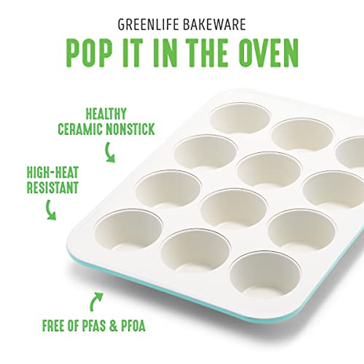 GreenLife Bakeware Healthy Ceramic Nonstick, 12 Piece Baking Set with Cookie Sheets Muffin Cake and Loaf Pans including utensils, PFAS-Free, Turquoise