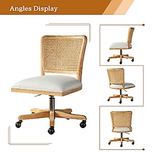 Modern Home Office Chair Comfortable Upholstered Armless Desk Chair, Adjustable Swivel Rolling Computer Chair with Rattan Mid-Back Support, Linen