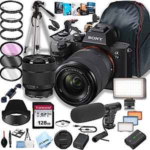 Sony a7 III Mirrorless Digital Camera with 28-70mm Lens + 128GB Memory + LED Video Light + Microphone + Back Pack + Steady Grip Pod + Tripod + Filters + Software + More (36pc Bundle)