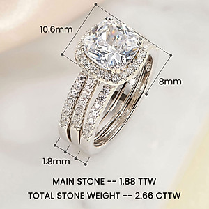 Blongme 2.66CT Wedding Engagement Rings Set for Women 925 Sterling Silver Cushion Halo CZ Wedding Bands Promise Bridal Ring Enhancer for her Size 8