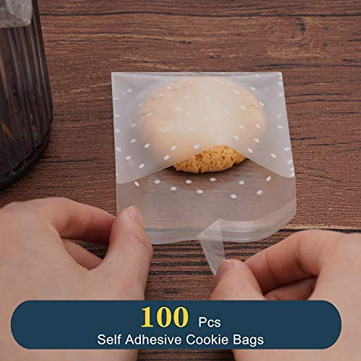 Self Adhesive Cookie Bags Treat Bags, Resealable Cellophane Bags, White Polka Dot Individual Cookie Bags with Thank You Stickers for Gift Giving (5.5''x5.5'', 100 Pcs)