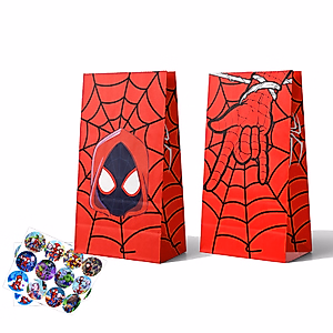 24 Pcs Theme Party Bags with 24 Pcs Hero Stickers,Birthday Treat Gift Bags,Paper Favor Bags for Birthday Supplies Decorations