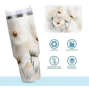 Jihqo Watercolor White Flowers 40 oz Stainless Steel Vacuum Insulated Tumbler with Handle and Straw Lid, Leakproof Water Bottle Double Wall Travel Mug Coffee Cup, Cupholder Friendly