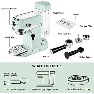 Neretva 20 Bar Espresso Coffee Machine with Steam Wand for Latte Espresso and Cappuccino, Compact Espresso Maker For Home Barista, 1350W Premium Italian High Pressure - Mint Green