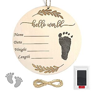 Wooden Baby Announcement Sign, hello world newborn sign, Birth Announcement Sign with Ink Pad, Baby Name Announcement Sign Newborn for Nursery Gift Baby Photo Prop Shower Keepsakes (Brown)