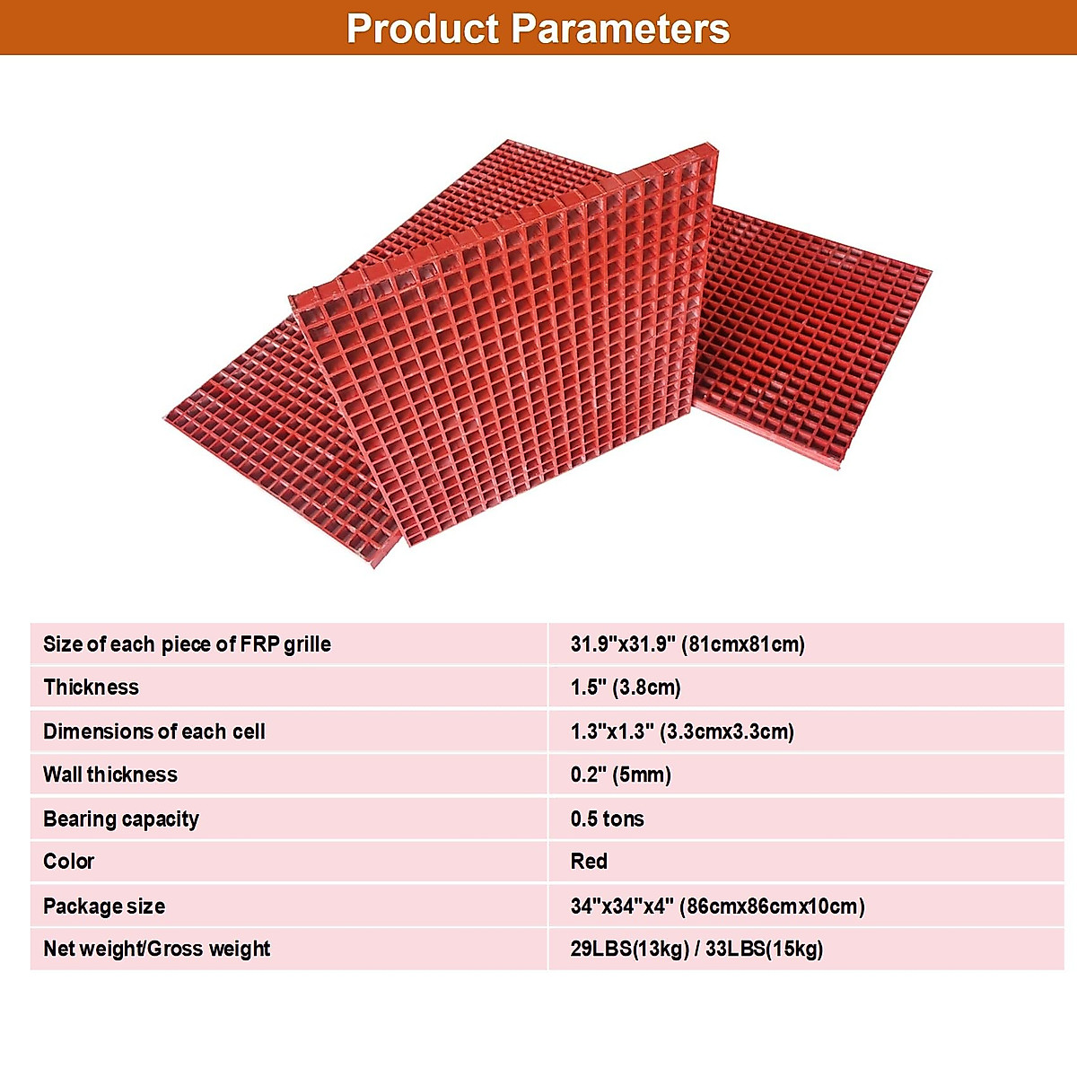 Banfluxion 31.9"x31.9" Red FRP Grating Fiberglass Floor Grating 0.5 tons Bearing Capacity 1.5" Thickness