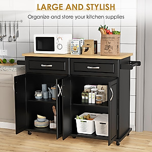 HUEOFGP Kitchen Island Cart with Storage Kitchen Carts on Wheels with Drawer and Cabinet, Wood Countertop, Rolling Island Table for Kitchen (Black)