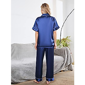 AUECK Women Silk Satin Pajamas Set Notch Collar Soft Sleepwear Pjs Short Sleeve Button Down Nightwear with Long Pants(Navy Bule,Large)