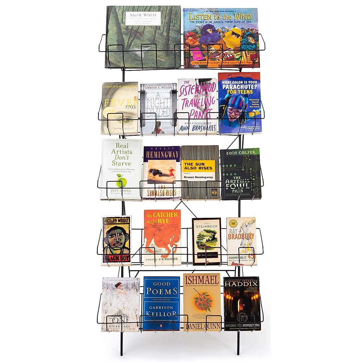 Set of Two - Display Rack for Books, DVDs, Greeting Cards, etc, 22-1/2 x 24 x 44-1/2 Inch, Gloss Black Wire, Floor-Standing Fixture, Sign Slot