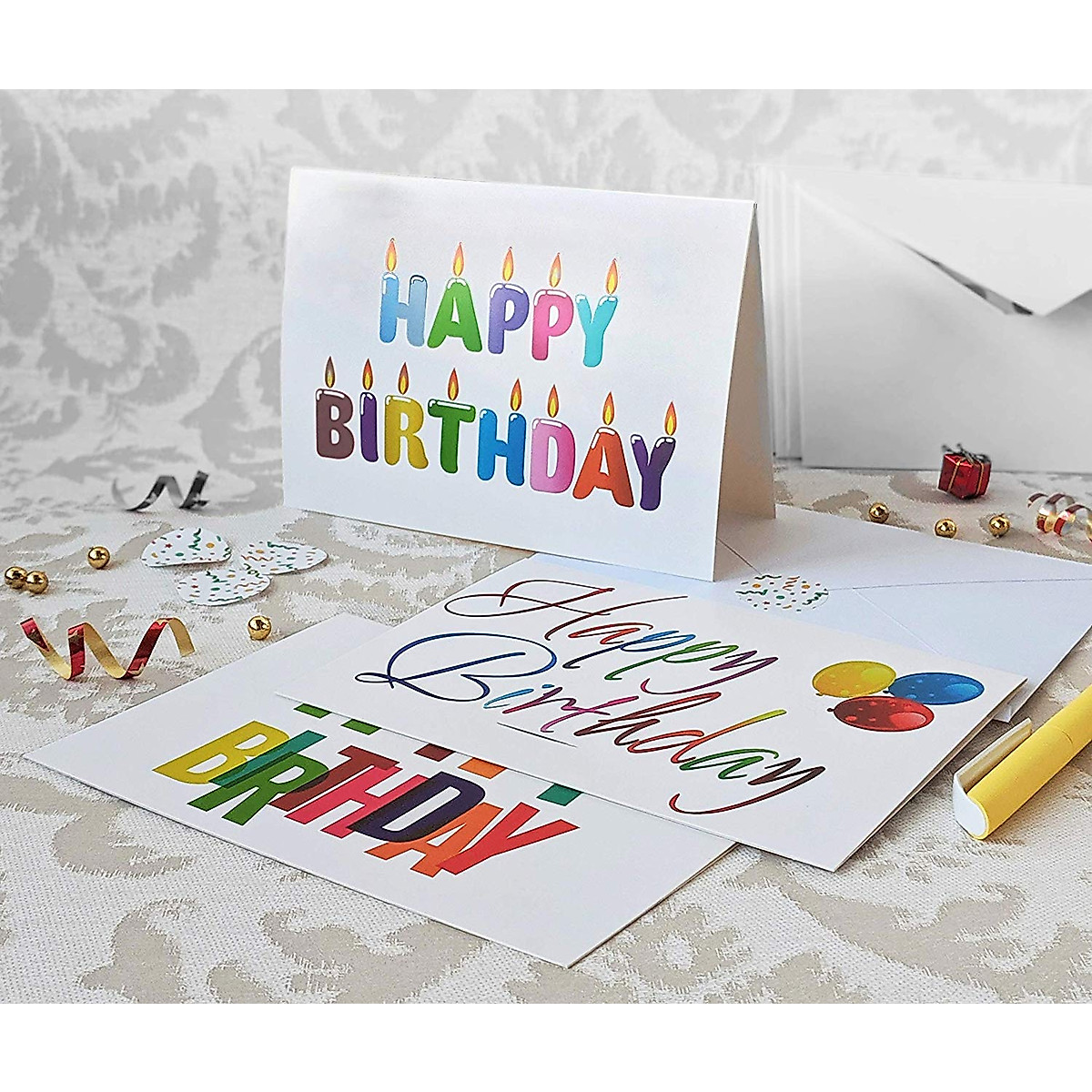 100 Happy Birthday Cards Bulk, Large 5x7 Inch Assorted, with Envelopes ,Stickers and Simple Greetings Inside , 10 Unique Designs, Thick Card Stock Box Set