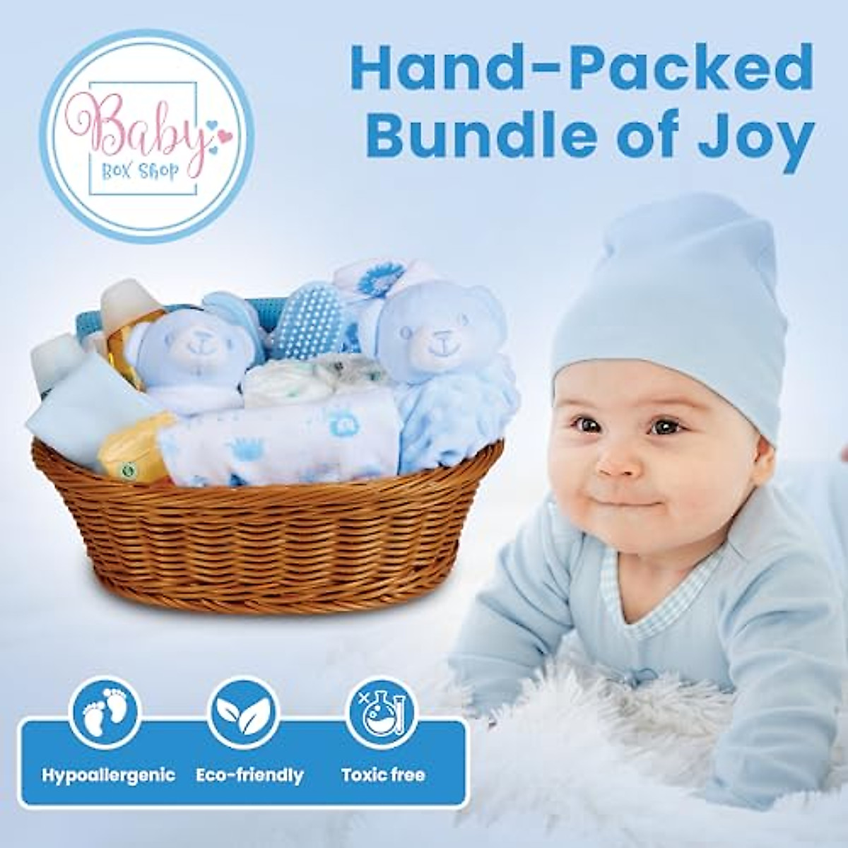 Basket for Boy - 18 Baby Boy Essentials, Blue Baby Gift Sets for Newborn, New Baby Boy Gift Basket, Maternity Welcome Baby Boy Gift