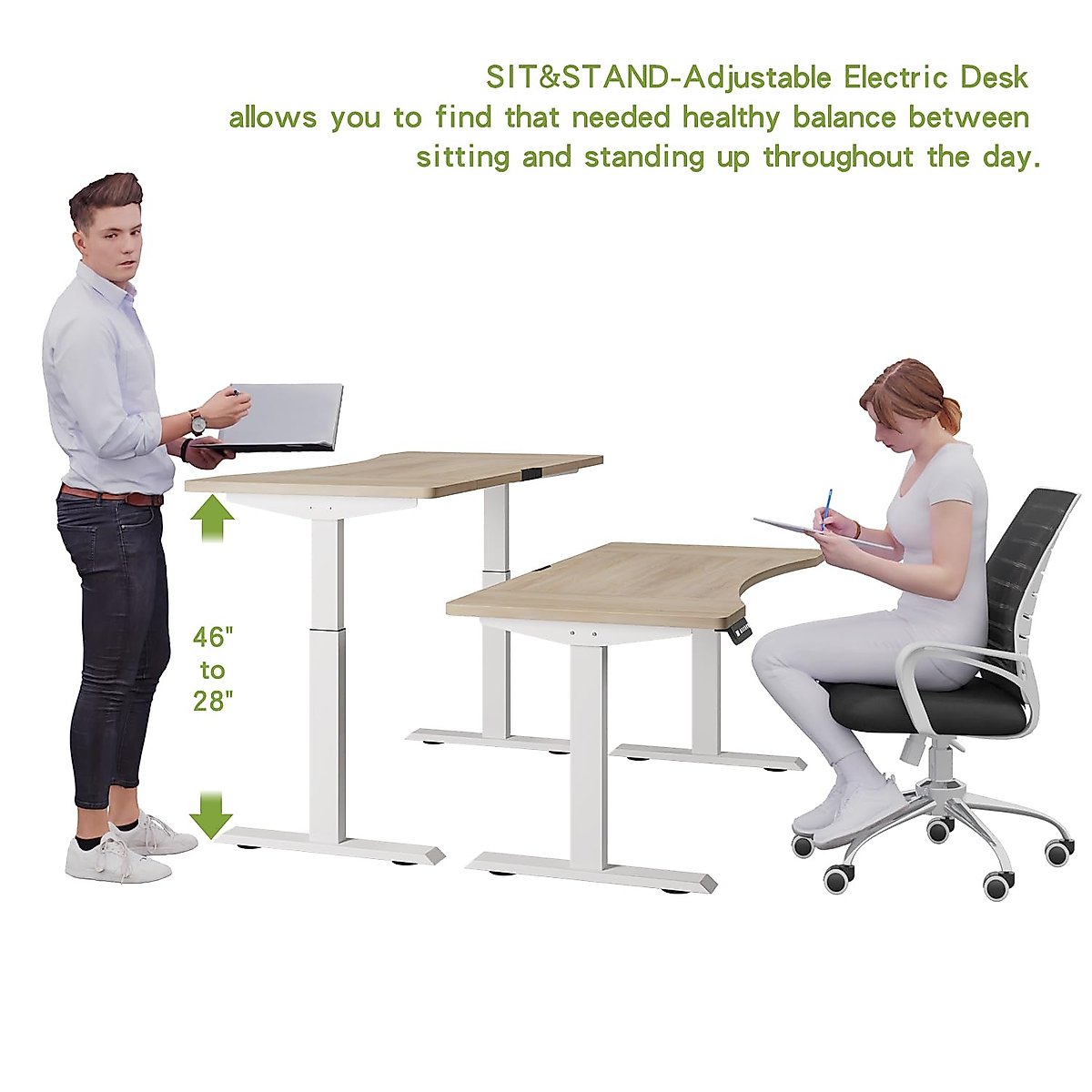 Radlove Dual Motors Height Adjustable 63 x 30'' Electric Standing Desk with Curved Design Stand Up Table 4 Memory Keys, Computer Desk with Splice Board Home Office Desk, Oak Top + White Frame