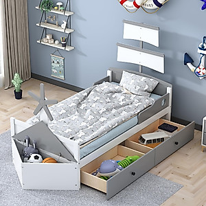 Merax Kids Cute Boat-Shaped Platform Beds Frame with Drawers, Wood Low Daybed with Ottoman for Boys,Girls, No Box Spring Need (Twin, White+Gray)