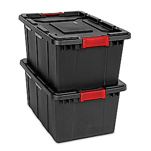 Sterilite 14669004 27-Gallon Durable Rugged Industrial Stackable Tote Bin Storage Container with Recessed Lid and Red Latches, Black